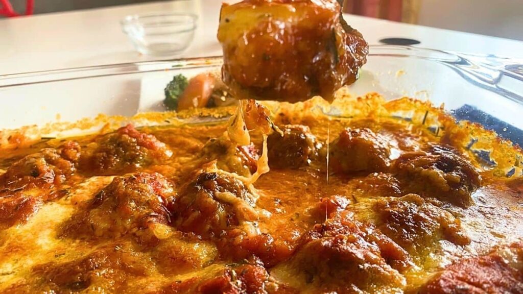 Easy Baked Meatball Parmesan Casserole - KitchenVile